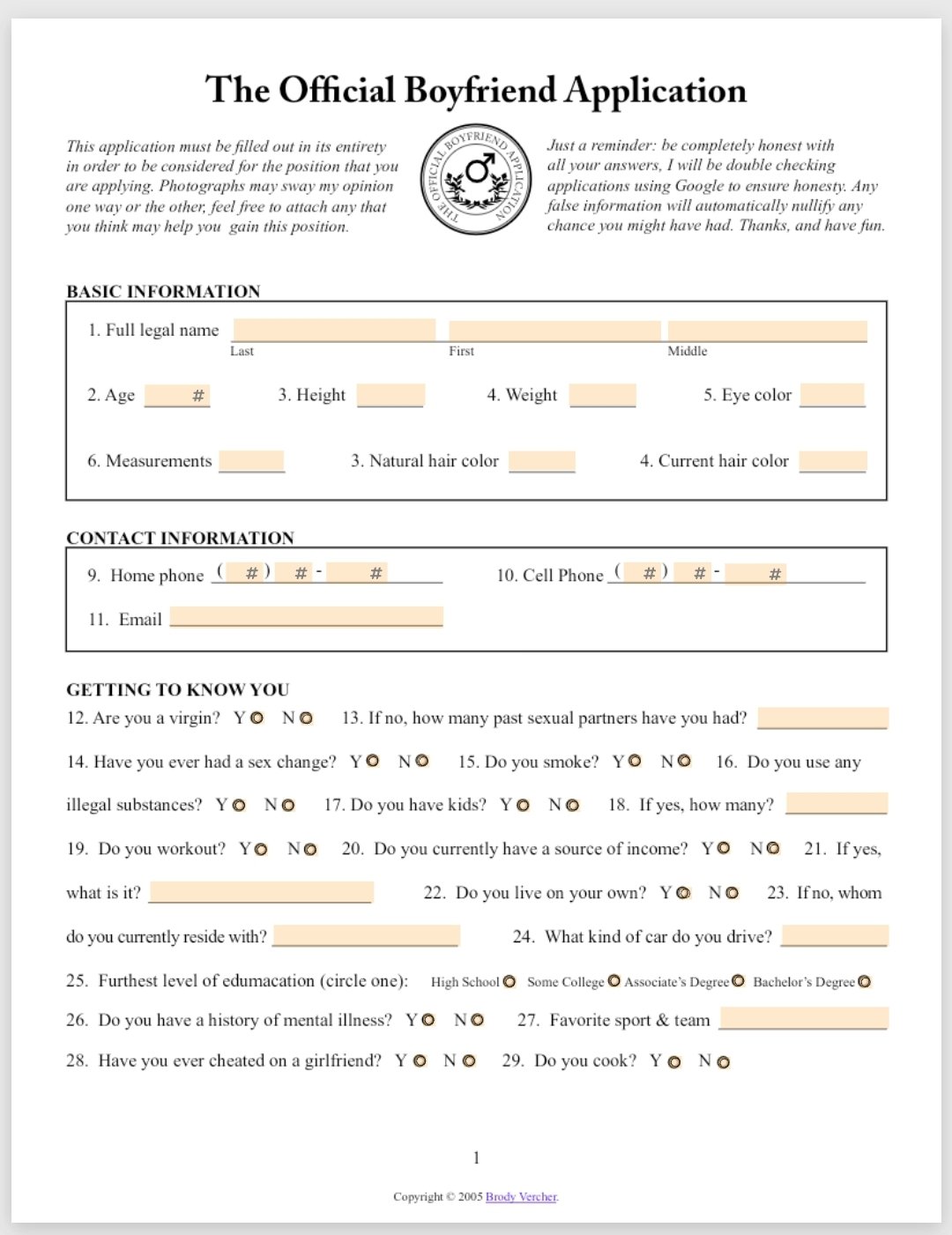 Boyfriend Application Printable