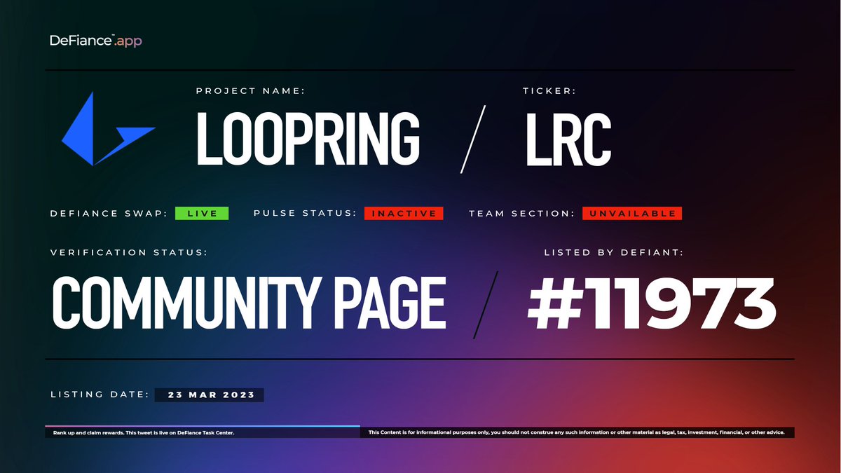 DeFiance.app on Twitter: ".@LoopringOrg community page is now live on http://DeFiance.app ...