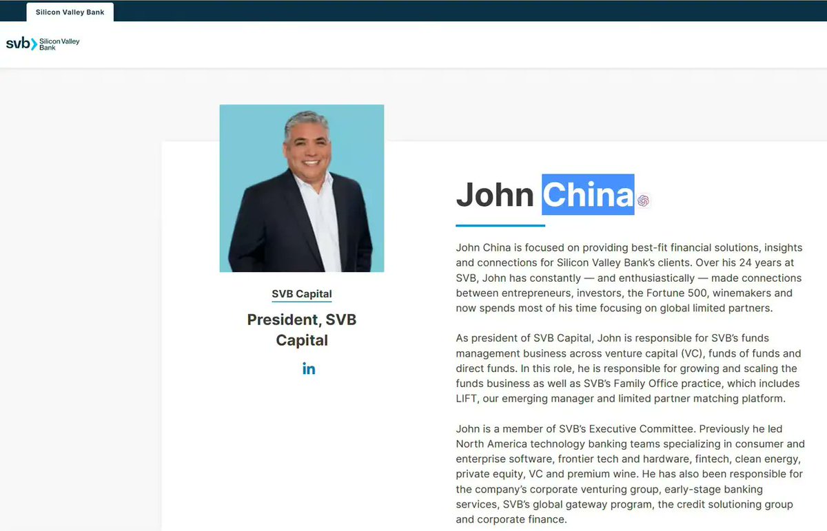 朱革亮 On Twitter 美国网友发问:有什么办法可以将硅谷银行的破产嫁祸给china? 另一位美国网友回复:实际上硅谷银行的确有一位总裁叫john China。 我本来以为这哥们儿是