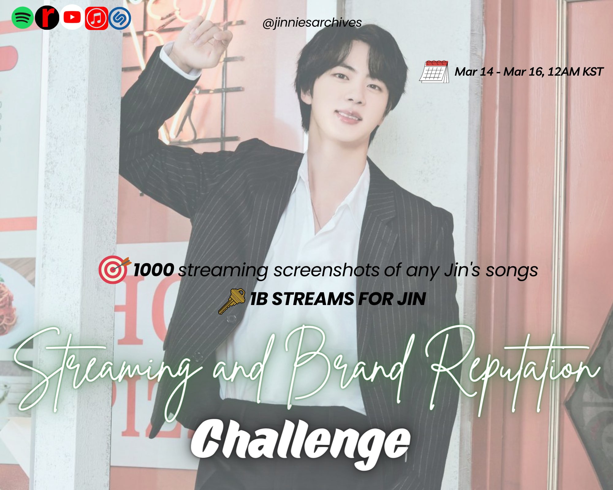 𝒥𝒜 on Twitter: "[ STREAMING & BR CHALLENGE ] 🗓️: Mar 14 - Mar 16 (12AM KST) 🎯: 1000 replies Jin ...