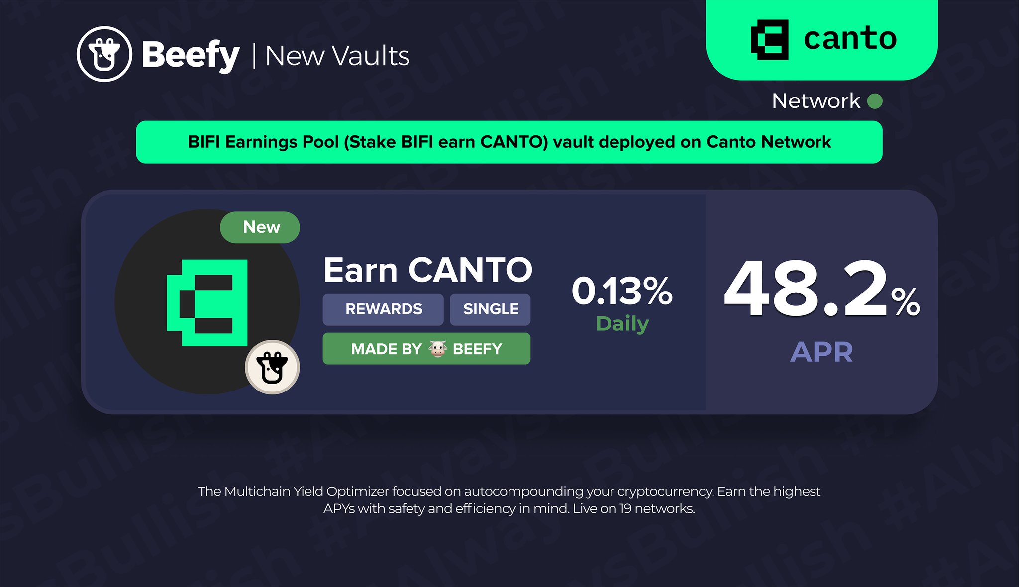 Beefy on Twitter: "Use your $BIFI to earn $CANTO on @CantoPublic with Beefy's #EarningsPool. 🟩 ...