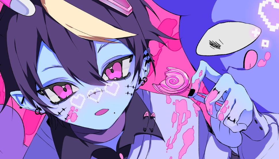 male focus candy 1boy food blue skin lollipop pink eyes illustration images
