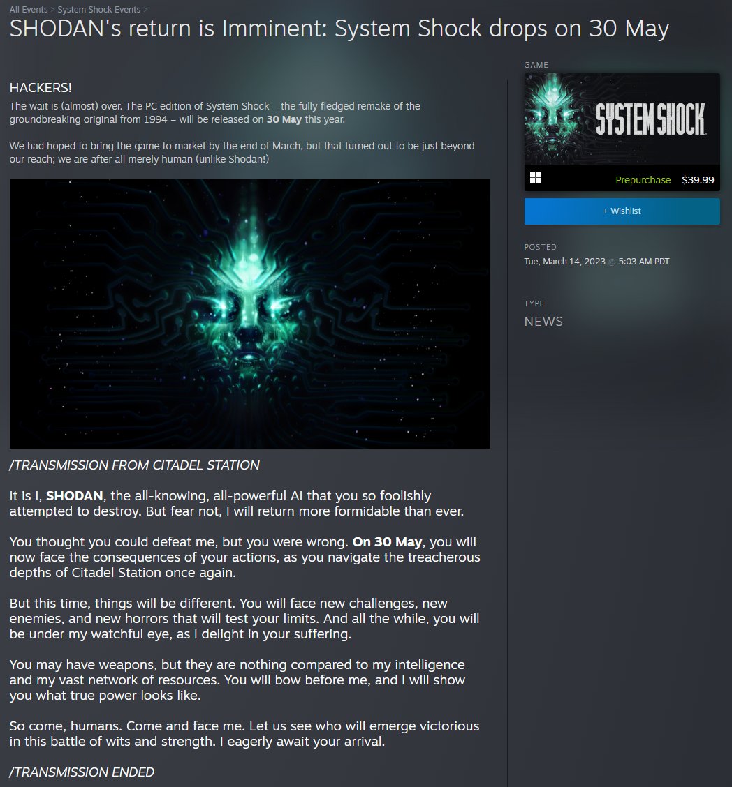 Wario64 on Twitter: "System Shock Remake (PC) delayed to May 30th, no release date for consoles ...