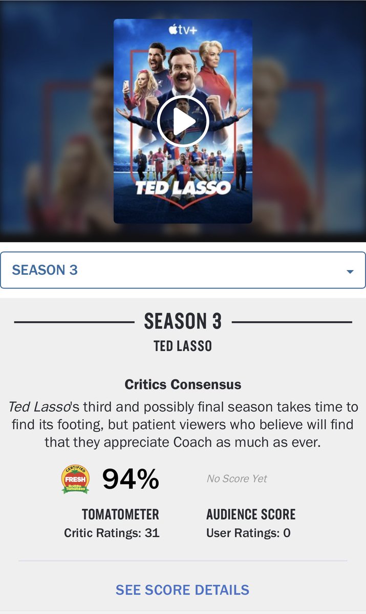 DiscussingFilm on Twitter: "‘TED LASSO’ Season 3 is Certified Fresh on Rotten Tomatoes with 94% ...