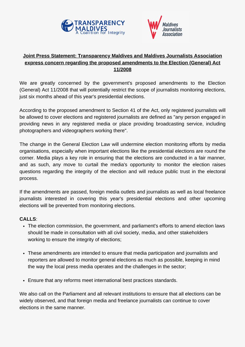 Transparency MV on Twitter: "Joint Press Statement: @TransparencyMV and @MJAmaldives express ...