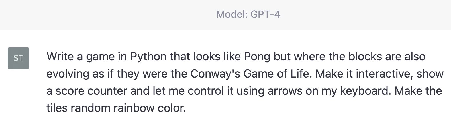 Stanislav Fort 🧠📈⚛️📈🦾📈🤖📈 on Twitter: "I have just zero-shot made a functional Python game mashup ...