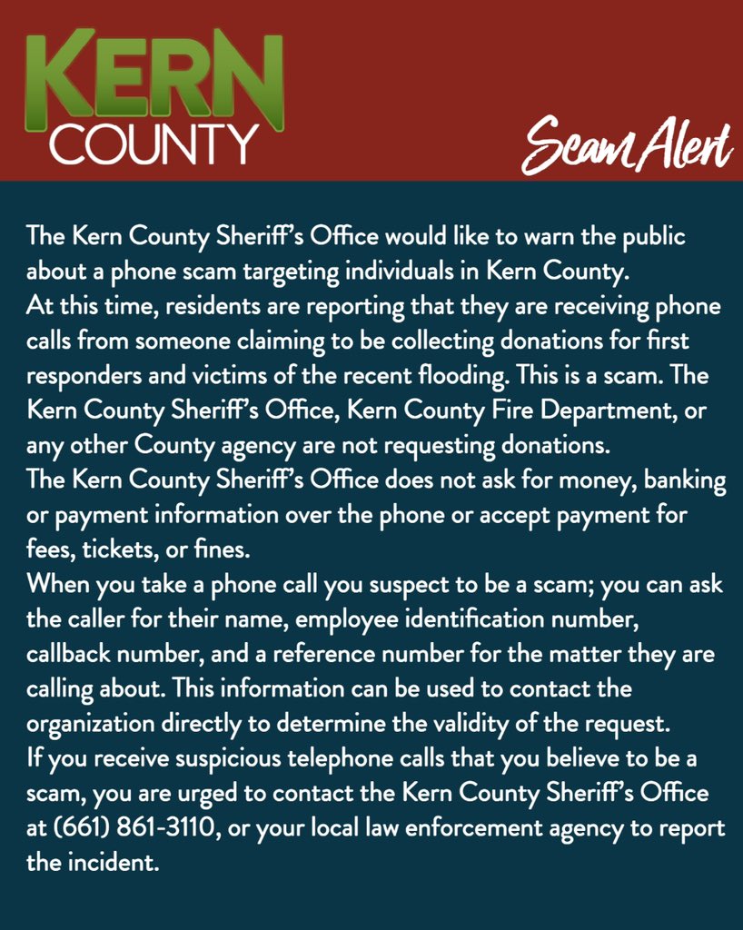County Of Kern On Twitter Scam Alert ⚠️ Kerncosheriff Is Warning The