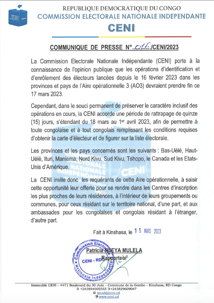 Ceni-RDC on Twitter: "COMMUNIQUÉ DE PRESSE | N°016/CENI/2023. La #CENI prolonge l'opération d ...