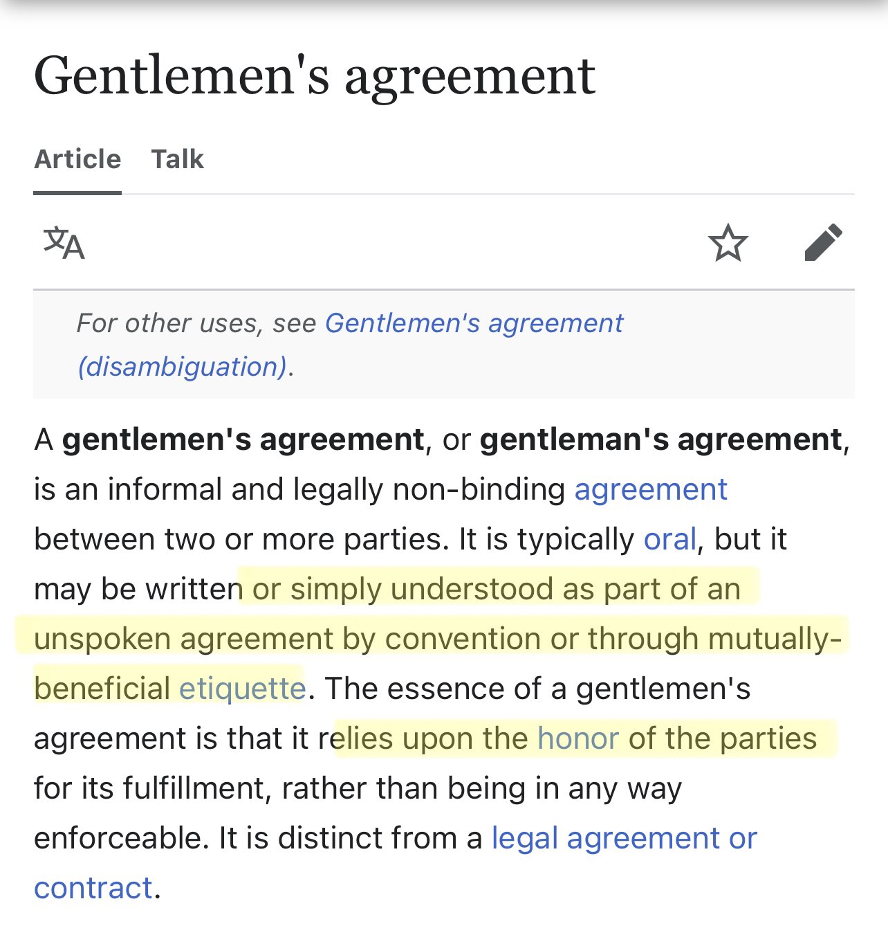 Gentlemens Agreement