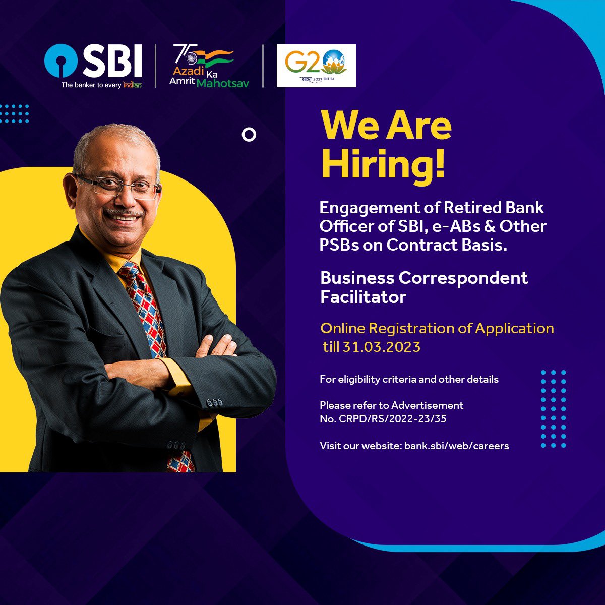 State Bank of India on Twitter: "We are hiring retired bank officers of SBI, e-ABs and other ...