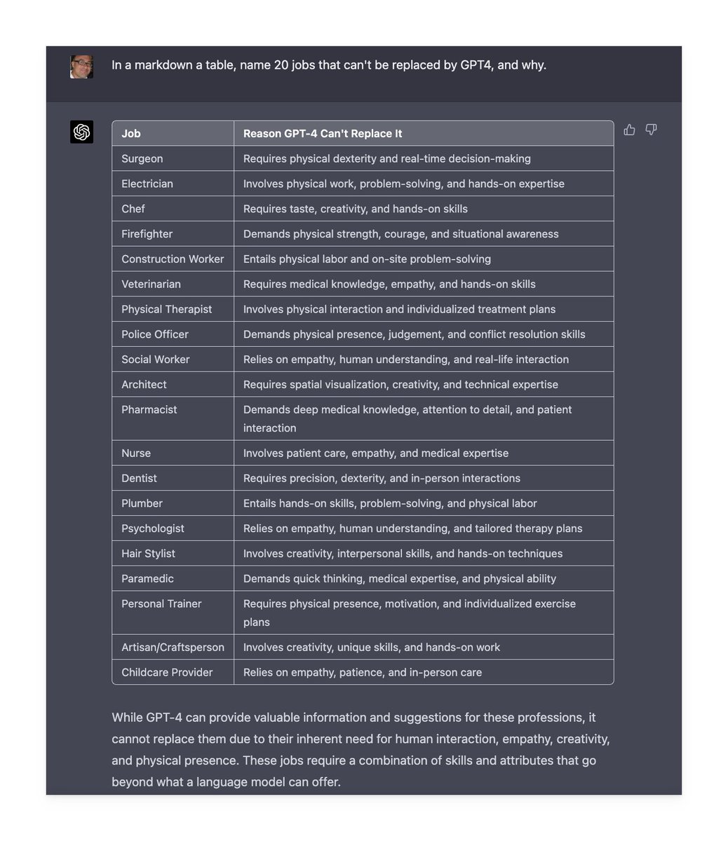 DataChazGPT 🤯 (not a bot) on Twitter: "20 jobs that can't be replaced by #GPT4 and why, written ...