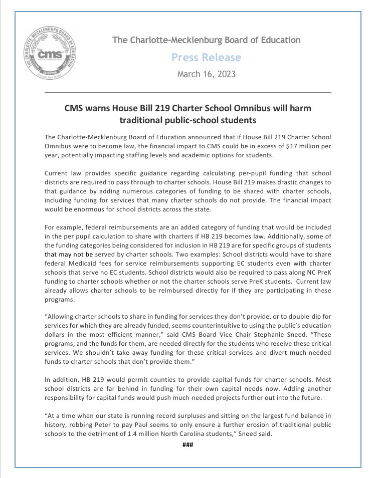 CMS Board of Education on Twitter: "CMS warns House Bill 219 (Charter School Omnibus) will harm ...