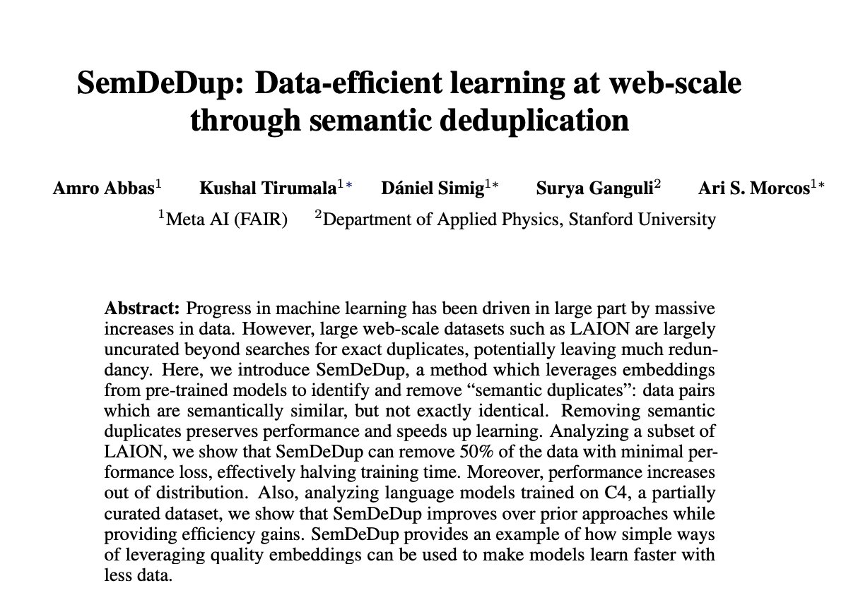 AK on Twitter: "SemDeDup: Data-efficient learning at web-scale through semantic deduplication ...
