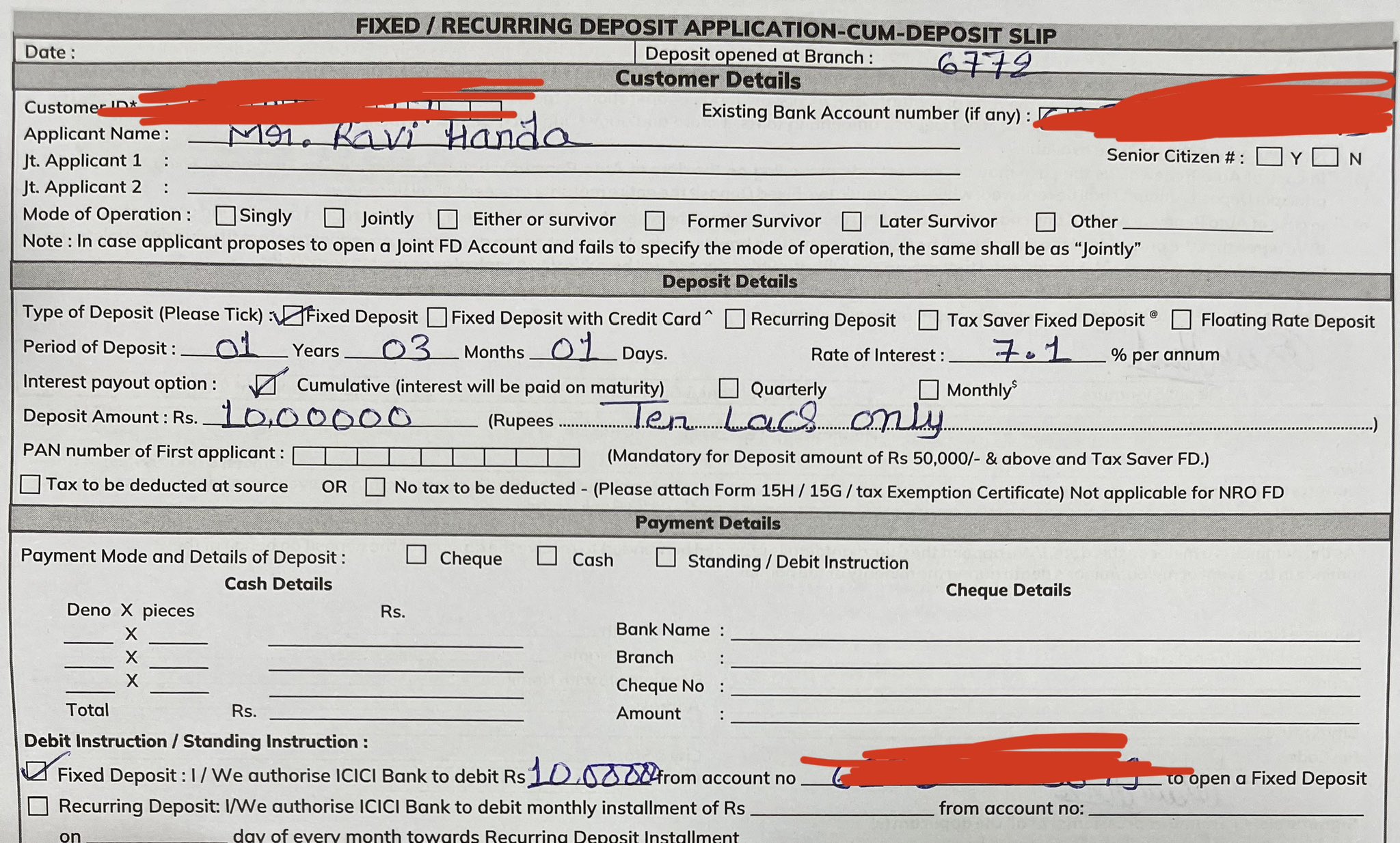 Recurring Deposit Slip