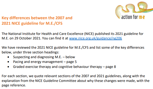 Tom Kindlon on Twitter: "Key differences between the 2007 and 2021 NICE guideline for M.E./CFS ...