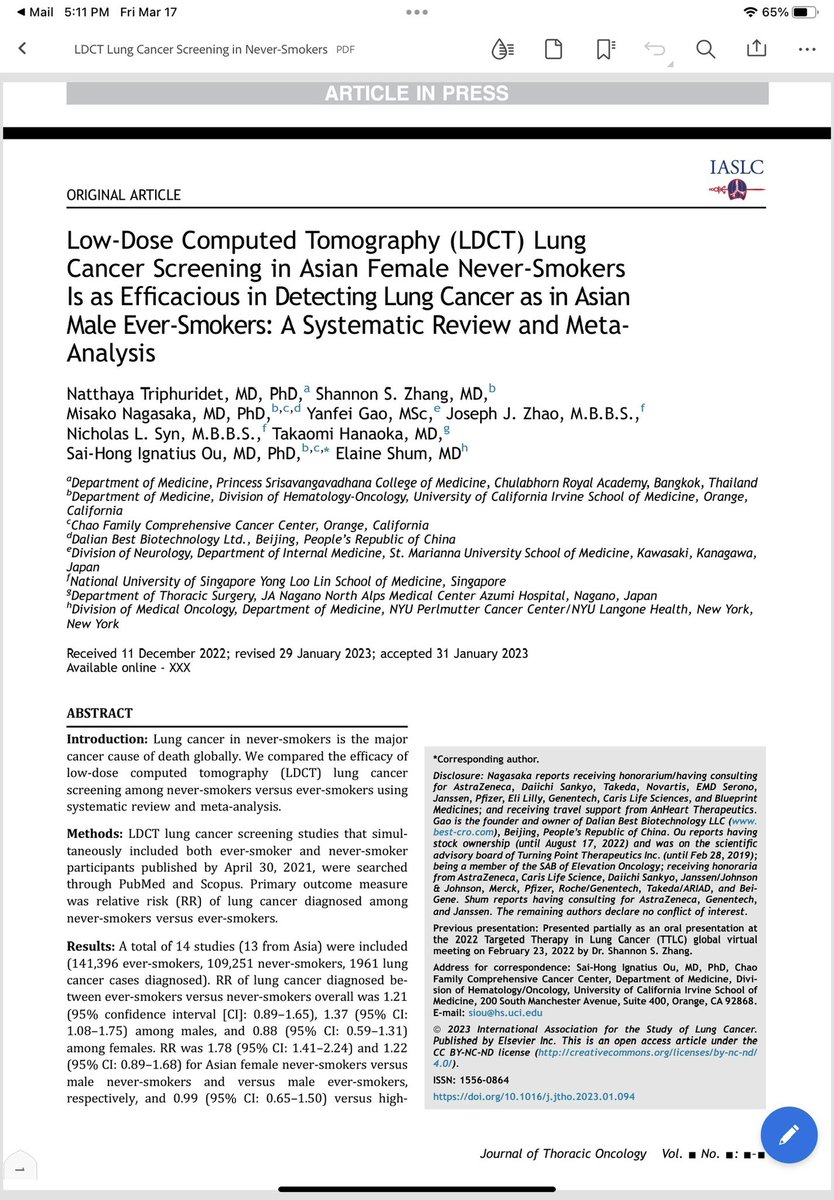 Sai-Hong Ignatius Ou on Twitter: "Online today. LDCT lung cancer screening in Asian female never ...