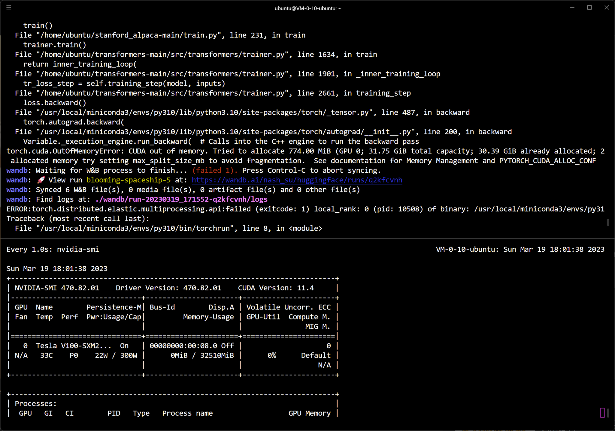 nash_su on Twitter: "自己训练大模型就是天天被 OOM 骑脸 想用自己数据重新训练下 stanford llama 模型，在 V100 32G 显存 40G 内存的机器上 ...