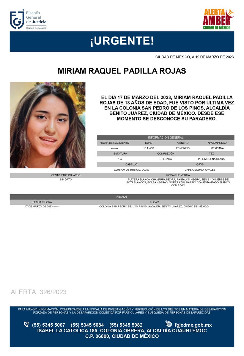 Fiscalía CDMX on Twitter: "Ha sido localizada la menor, Miriam Raquel Padilla Rojas, agradecemos ...