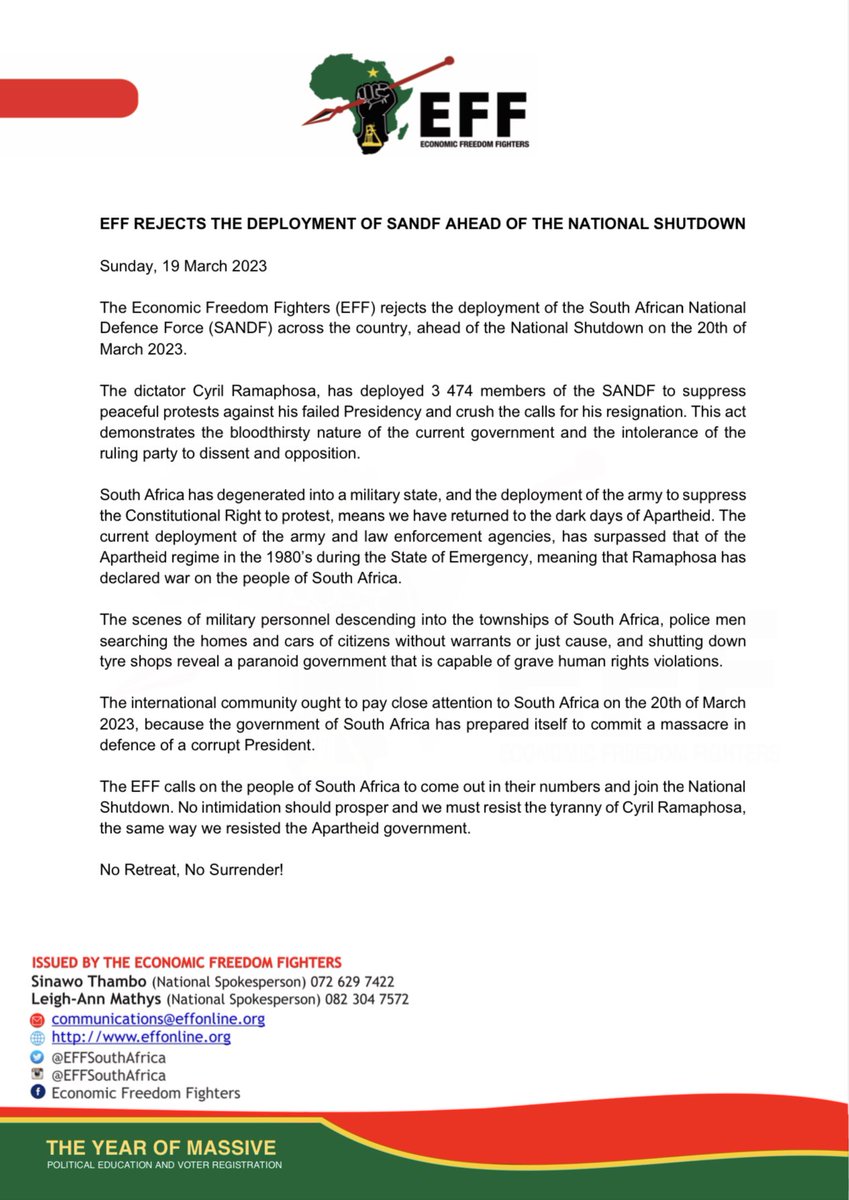 Economic Freedom Fighters on Twitter: "EFF Rejects The Deployment Of ...