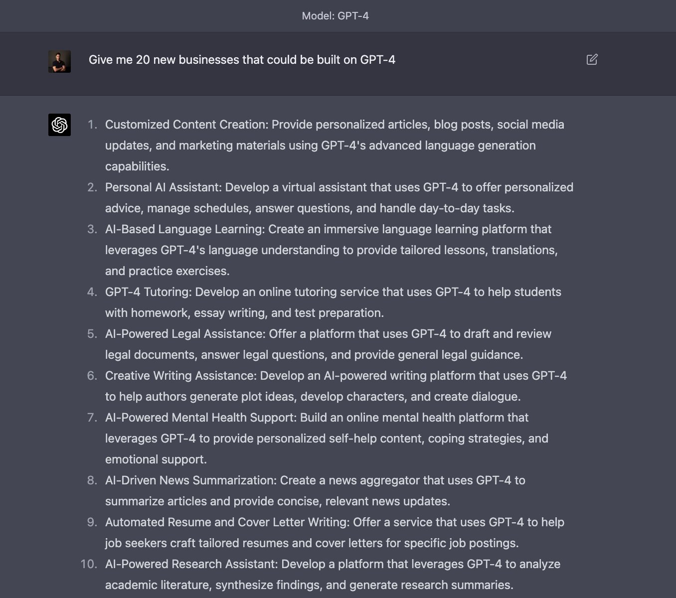 Rowan Cheung on Twitter: "20 new businesses that can be built on GPT-4, written by GPT-4: https ...