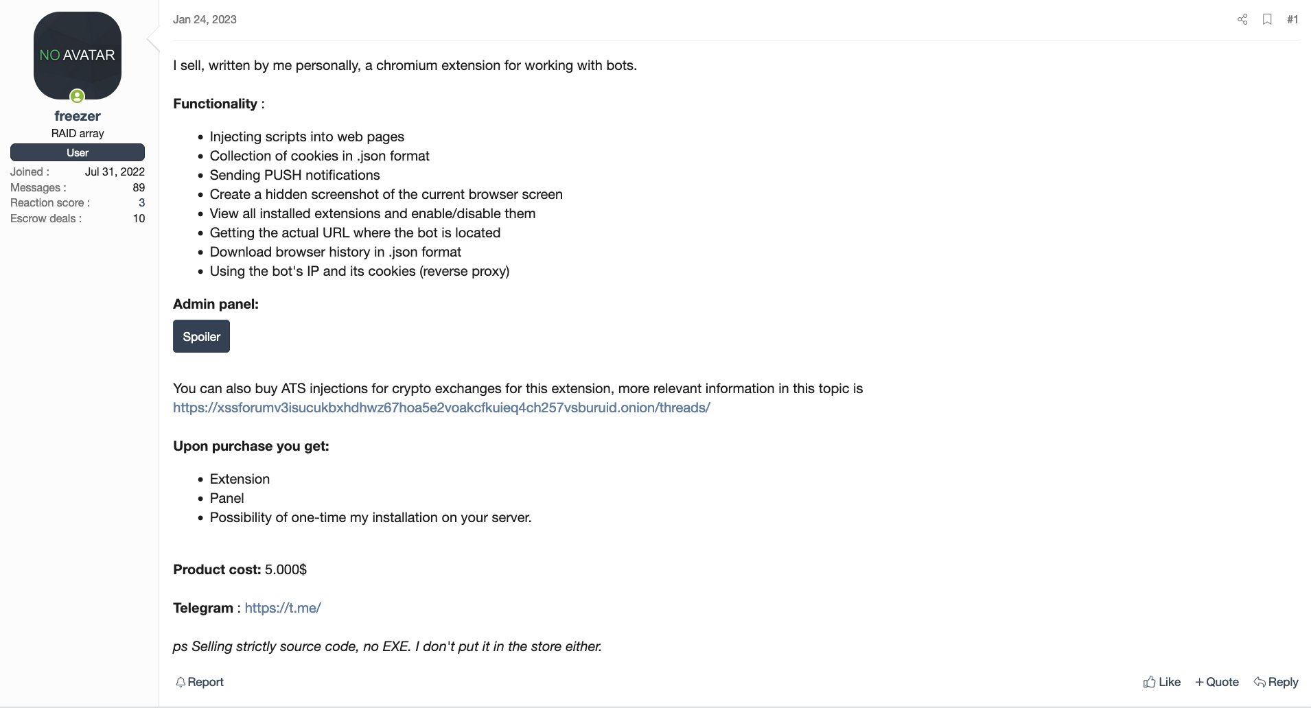3xp0rt on Twitter: "freezer started selling interesting botnet as Chromium extension for 5000 ...