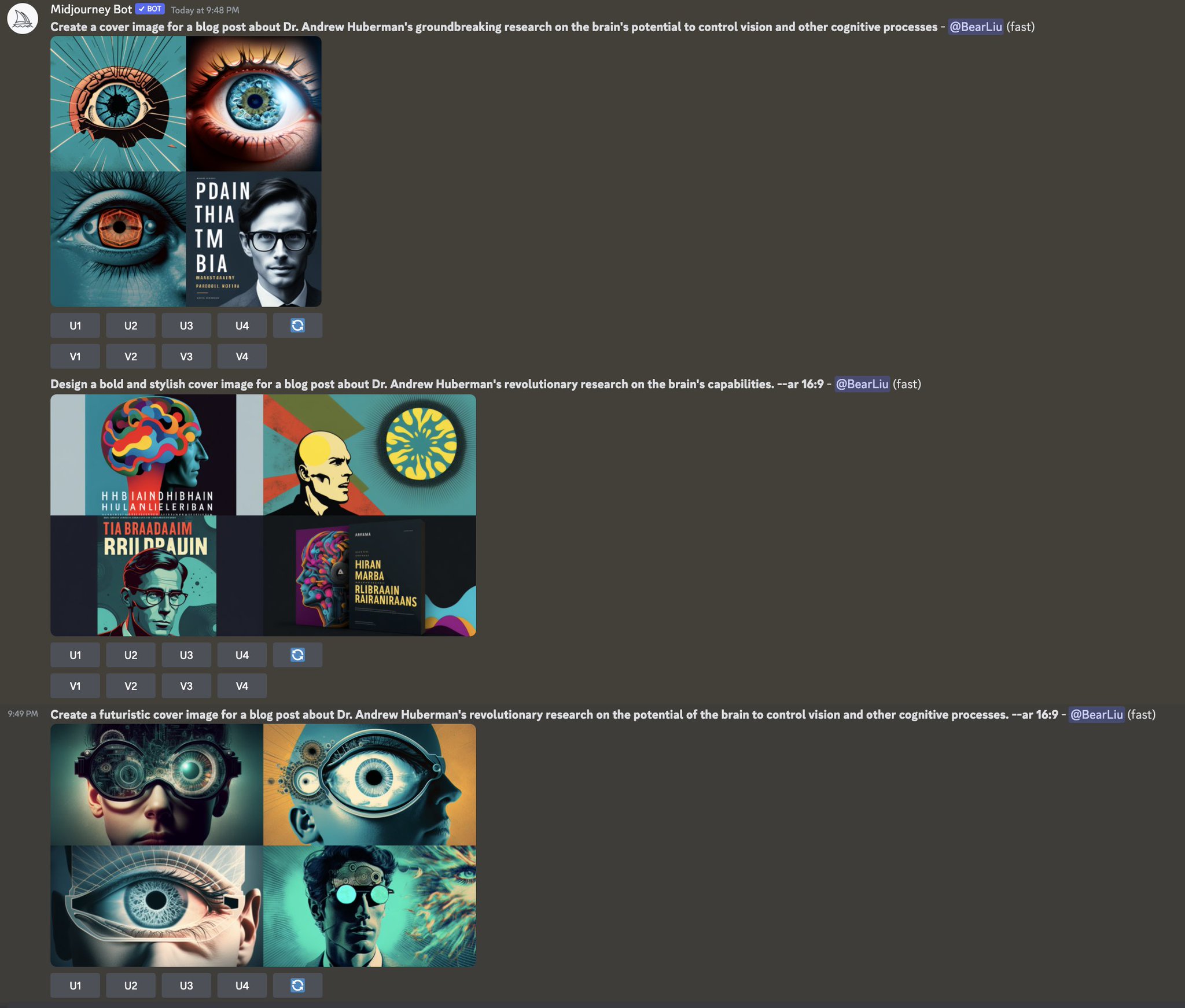 Bear Liu on Twitter: "4 / 在MidJourney里用刚刚的三个Prompt来生成图片。直接在Discord里输入上一步得到的Prompt语句。我加上了16:9的参数 ...