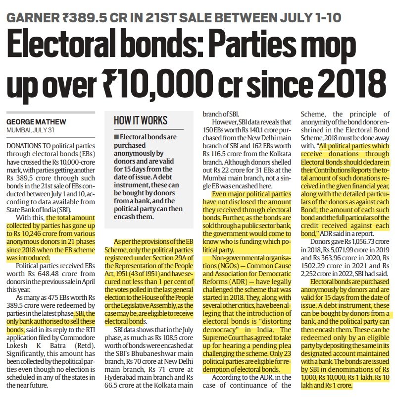 - Electoral Bond 7 basic points : 1. Anonymous donor 2. issued by SBI ...