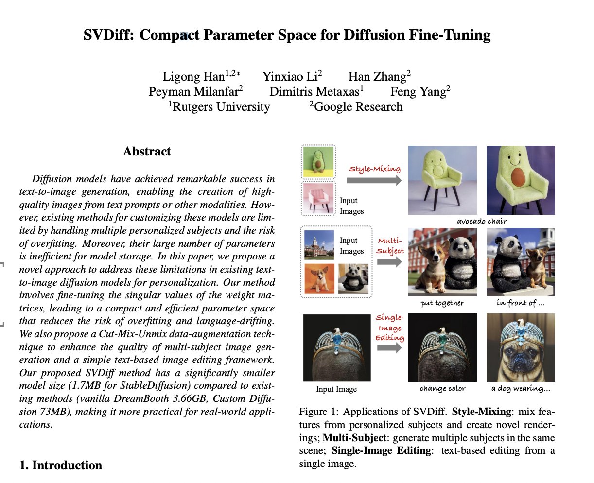 AK on Twitter: "SVDiff: Compact Parameter Space for Diffusion Fine-Tuning proposed SVDiff method ...