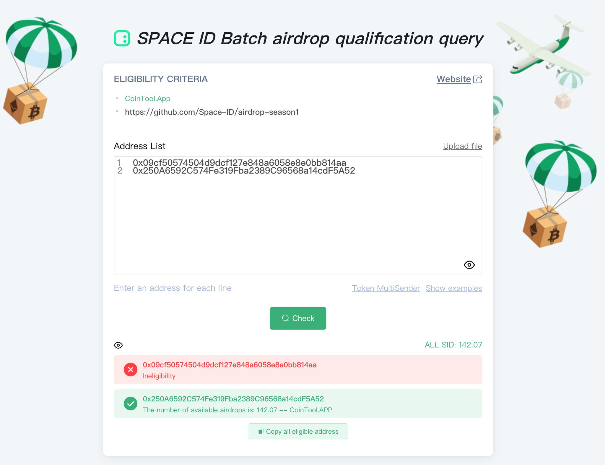 CoinTool.App on Twitter: "New tools - SPACE ID Batch airdrop qualification query Build ⚒️ #ID ...