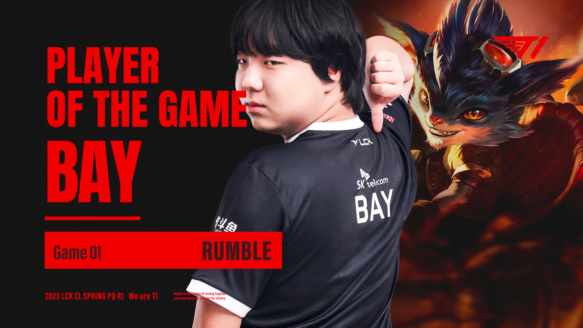 T1 LoL on Twitter: "[2023 #LCKCL Spring Playoffs R1 vs. HLE] 플레이오프 R1 압승을 이끈 오늘의 주역들. 'Bay' 박준병 ...