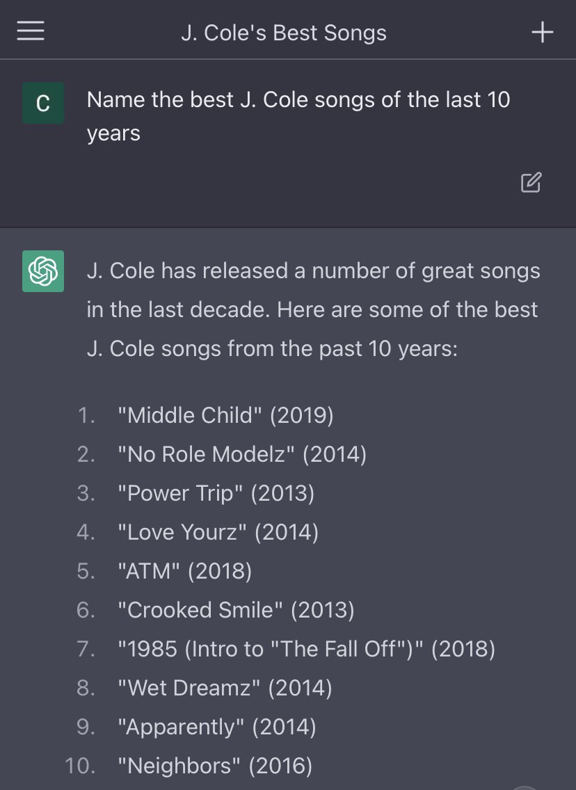 GGDL on Twitter: "RT @TeamDreamville: ChatGPT made a list of the best J. Cole songs of the last ...
