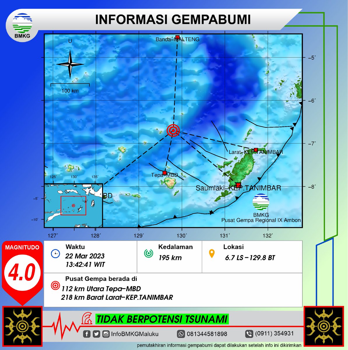 InfoBMKGMaluku on Twitter: "Info Gempa Mag:4.0 SR, 22-Mar-23 13:42:41 WIT, Lok:6.7 LS-129.8 BT ...
