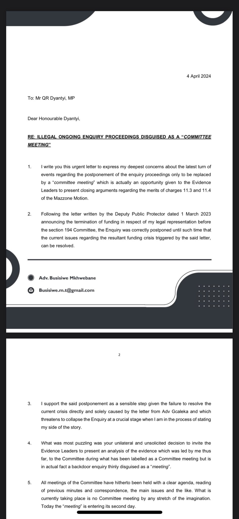 Adv Busisiwe Mkhwebane on Twitter: "Here is the letter of demand I sent to the Chair of Sec 194 ...