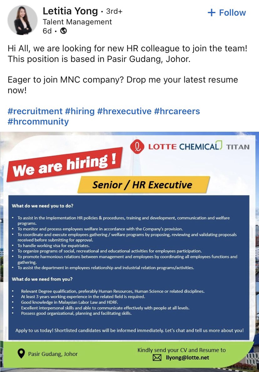 GetMe Hired 🚀 on Twitter: " Lotte Chemical is HIRING 📌 Senior/HR Executive Apply now: https ...