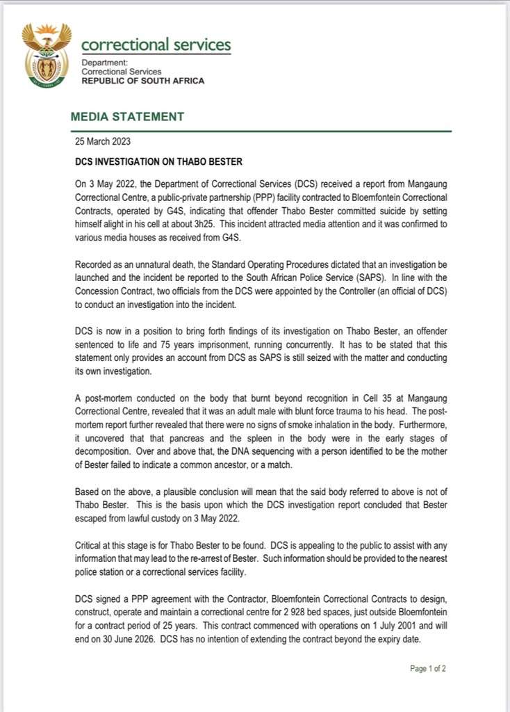 Ministry of Justice and Correctional Services 🇿🇦 on Twitter: "MEDIA STATEMENT| DCS INVESTIGATION ...