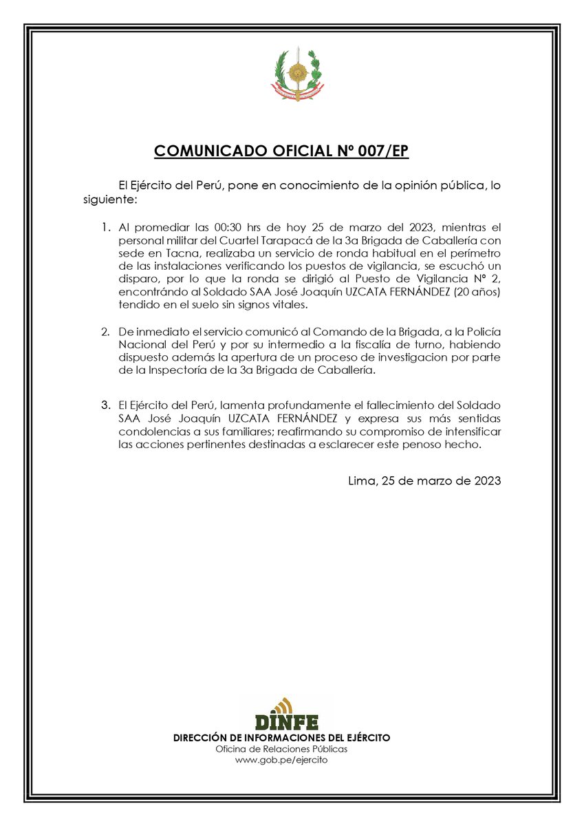 Ejército del Perú on Twitter: "#ComunicadoOficialEP🇵🇪 |Comunicado Oficial N° 007 del Ejército ...