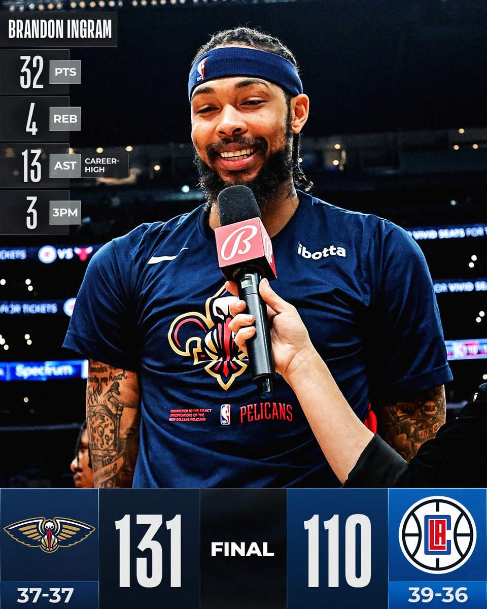 NBA on Twitter: "Brandon Ingram dropped 32 PTS and a career-high 13 AST while Trey Murphy III ...