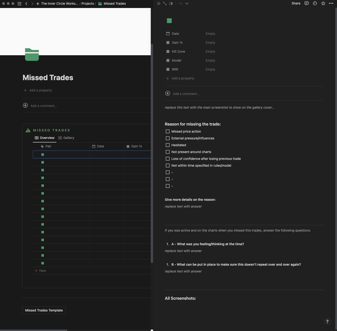 ICT Workspace on Twitter: "Missed Trades This is where you journal your missed trades to ...