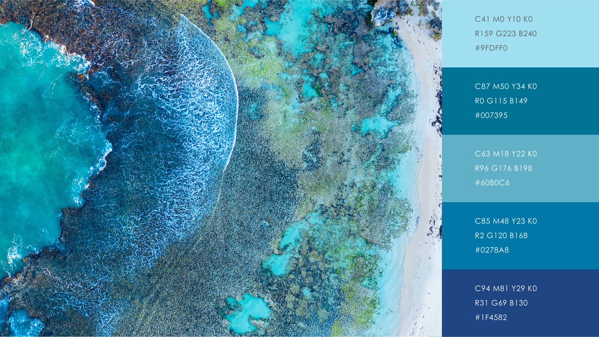 ingectar-e design on Twitter: "【爽やかな青系の5色配色】 海や川などの写真から5色抽出して 配色を作ってみました🌏 広大な自然をイメージする青系の配色は 気持ち ...