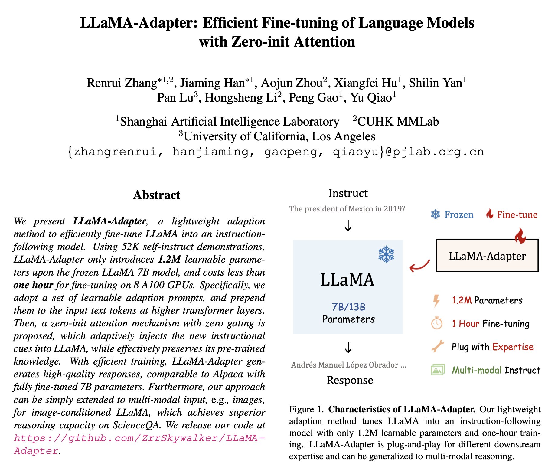 Pan Lu on Twitter: "🔥Excited to release LLaMA-Adapter! With only 1.2M learnable parameters and ...
