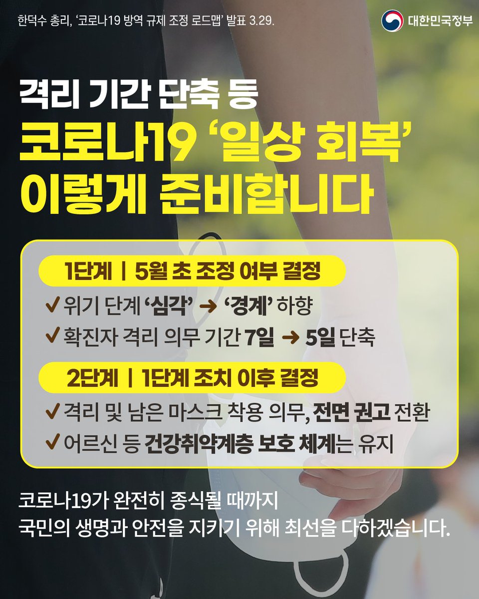 격리 기간 단축 등 코로나19로부터 단계적 ‘일상 회복을 준비합니다 코로나19가 완전히 종식될 때까지 국민의 생명과 안전을 지키기 위해 최선을 다하겠습니다 정책브리핑