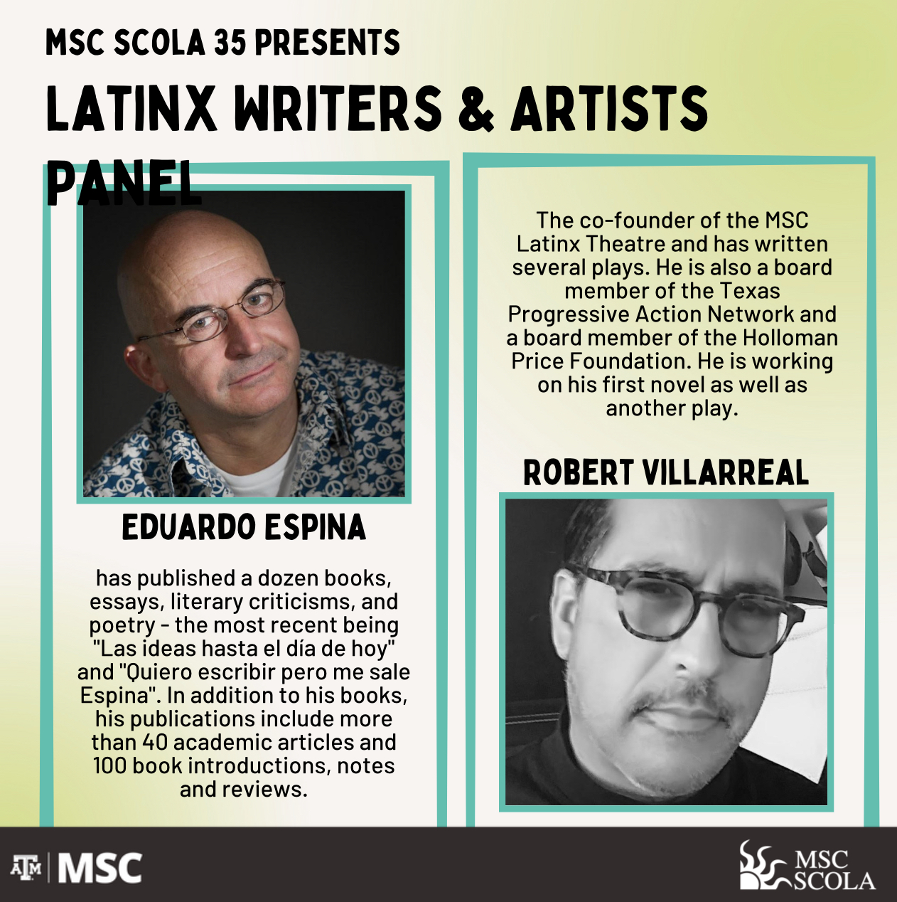 MSC SCOLA on Twitter: "Latinx writers & artists panel with Eduardo Espina and Robert Villarreal ...