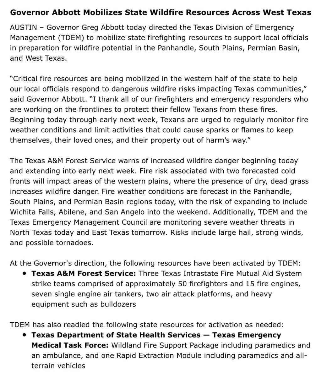 Greg Abbott on Twitter: "Directed @TDEM to mobilize critical fire resources across West Texas ...