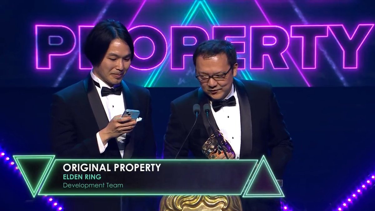 BAFTA Games on Twitter: "Hidetaka Miyazaki takes home the Original Property BAFTA for Elden Ring ...