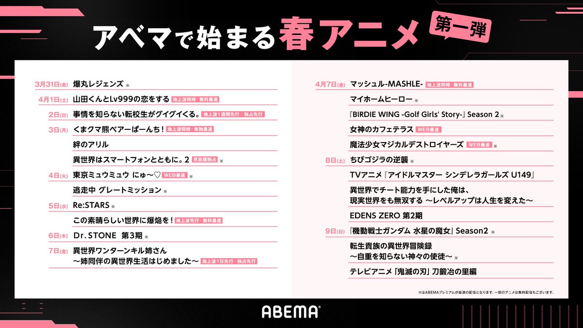 ABEMAアニメ(アベマ) on Twitter: " 今週から始まる！ #アベマの新作春アニメ2023 第一弾ラインナップ 話題アニメを速攻でチェック📺 https://abe.ma ...