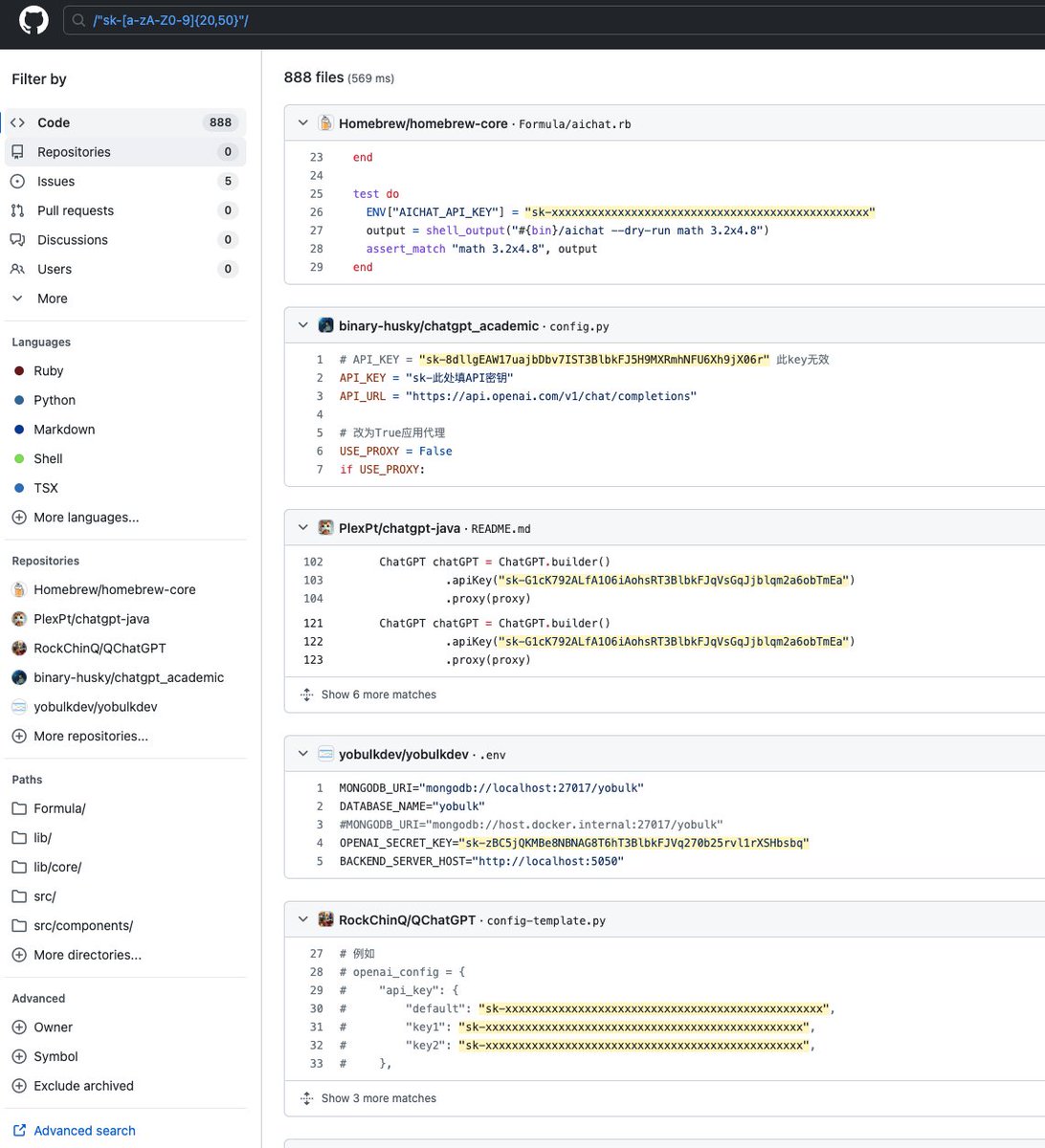 张惠倩 on Twitter: "https://github.com/search?q=%2F%22sk-%5Ba-zA-Z0-9%5D%7B20%2C50%7D%22%2F&ref ...