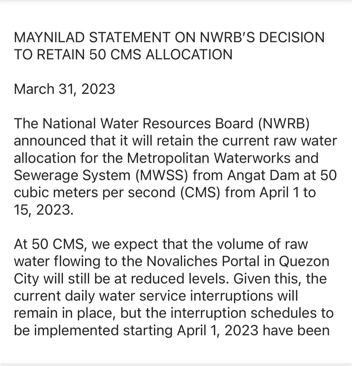 Abs Cbn News On Twitter Maynilad On Nwrbs Decision To Maintain Water