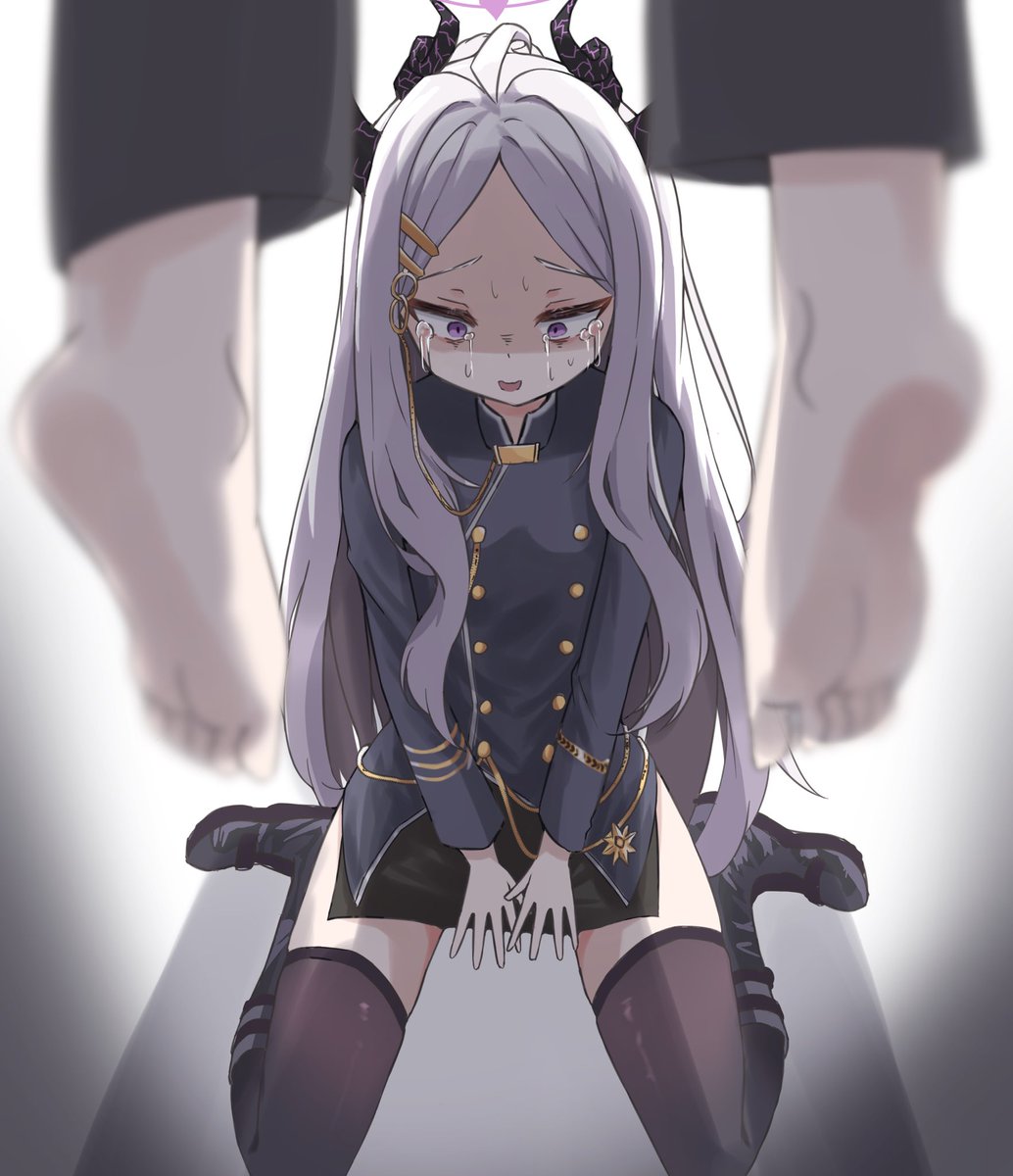 Hina Blue Archive 1girl Horns Long Hair Purple Eyes Wariza Thighhighs