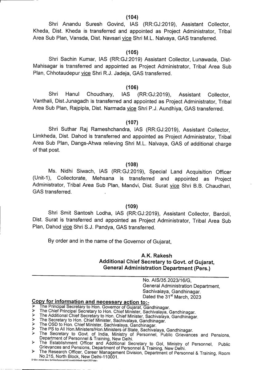Gujarat government transfers 109 IAS officers | DeshGujarat