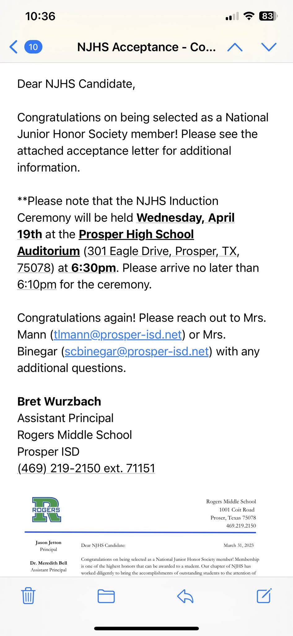 National Honor Society Acceptance Letter